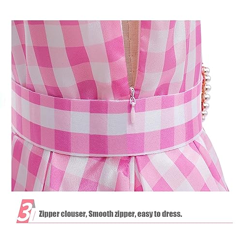 uivic Pink Costume for Girls, Doll Movie Cosplay Outfit Pink White Gingham Dress for Kids Party Birthday Dress Up (Pink1 with accessories, 7Years-8Years)