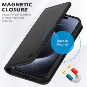 SHIELDON Case for iPhone 15 Pro Max 6.7", Genuine Leather Wallet Folio Case [Magnetic Closure] [RFID Blocking Card Slot] [Kickstand] Full Protection Case Compatible with iPhone 15 Pro Max 2023 - Black