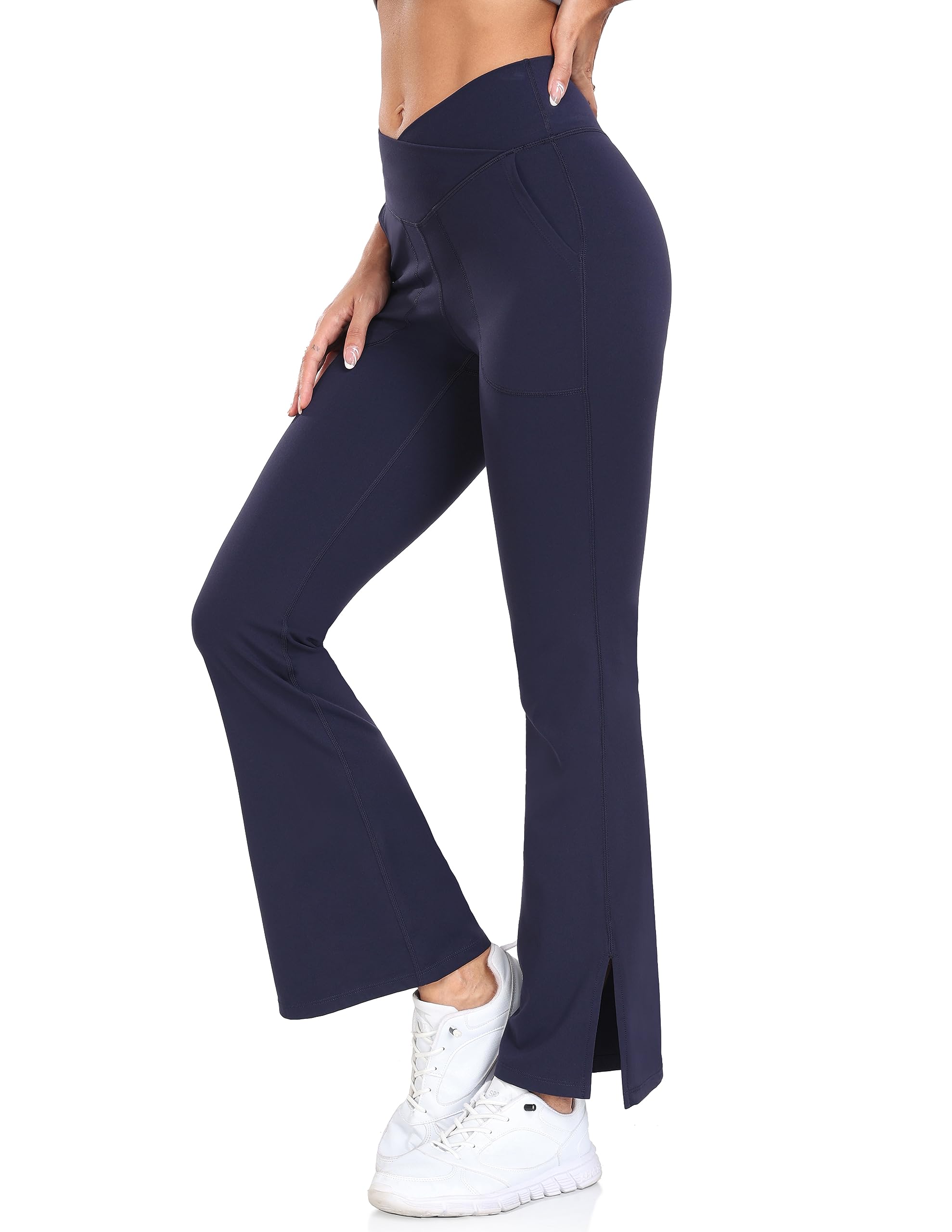 YUNOGA Women's Flare Leggings with Pockets, Crossover High Waist Buttery Soft Bootcut Yoga Pants, Split-Hem Bell Bottom Pants (L, Navy)