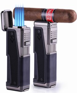 tomolo torch lighter cigar lighter quadruple flame butane refillable lighter with cigar holder, cigar punch built in, 2 pack (gas not included) (black)