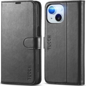 tucch wallet case for iphone 15, [rfid blocking] 4 card holder kickstand [shockproof tpu interior case] pu leather magnetic closure protective flip cover compatible with iphone 15 5g 6.1" 2023, black