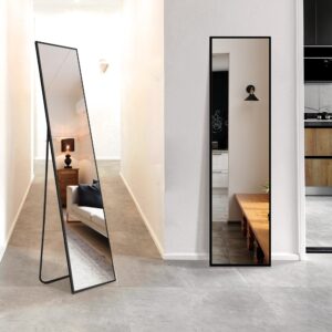 trahome standing mirror full length mirror,large floor mirror with aluminium frame for door bedroom bathroom living room (60x15-black)