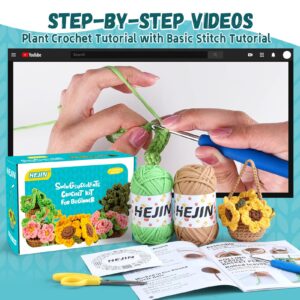 HEJIN Crochet Kit for Beginners, 5PCS Crochet Plant Kit for Adults Kids-Amigurumi Crochet Kit include Every Tool, Videos Tutorials, Crochet Starter Kit Learn to Crochet Kit Gift for Birthday, Easter