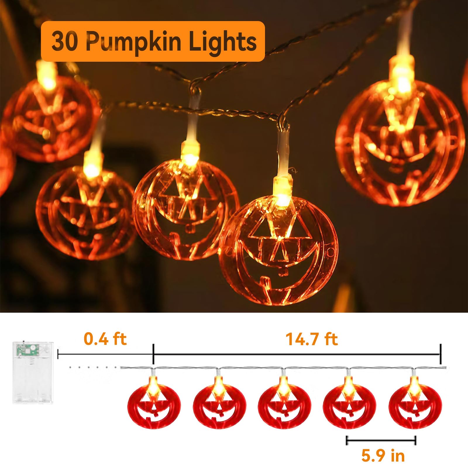 ITICdecor Halloween Pumpkin String Lights Battery Operated 15Ft 30 LED Orange Pumpkins Fairy Light Indoor Outdoor for Halloween Thanksgiving Fireplace Party Patio