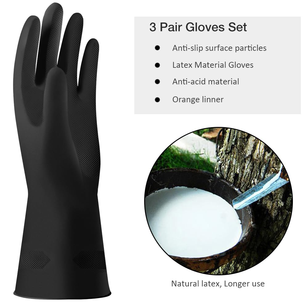 Alimat PluS Extra Large Reusable Cleaning Gloves Latex 3 Pack, Dishwashing Rubber Gloves for Cleaning, No Liner Household Gloves(X-Large, Black)