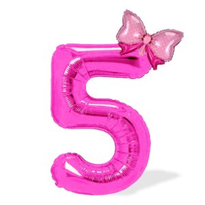 cadeya bow number 5 birthday balloons, 40”hot pink aluminum foil balloons for girl 5th birthday party, kids theme party decoration supplies