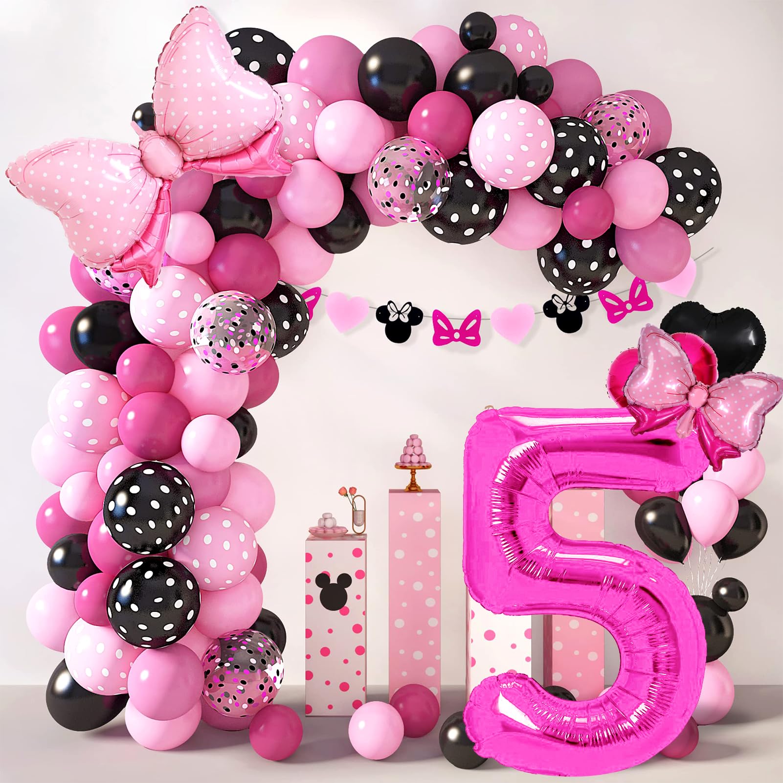 Cadeya Bow Number 5 Birthday Balloons, 40”Hot Pink Aluminum Foil Balloons for Girl 5th Birthday Party, Kids Theme Party Decoration Supplies