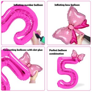 Cadeya Bow Number 5 Birthday Balloons, 40”Hot Pink Aluminum Foil Balloons for Girl 5th Birthday Party, Kids Theme Party Decoration Supplies