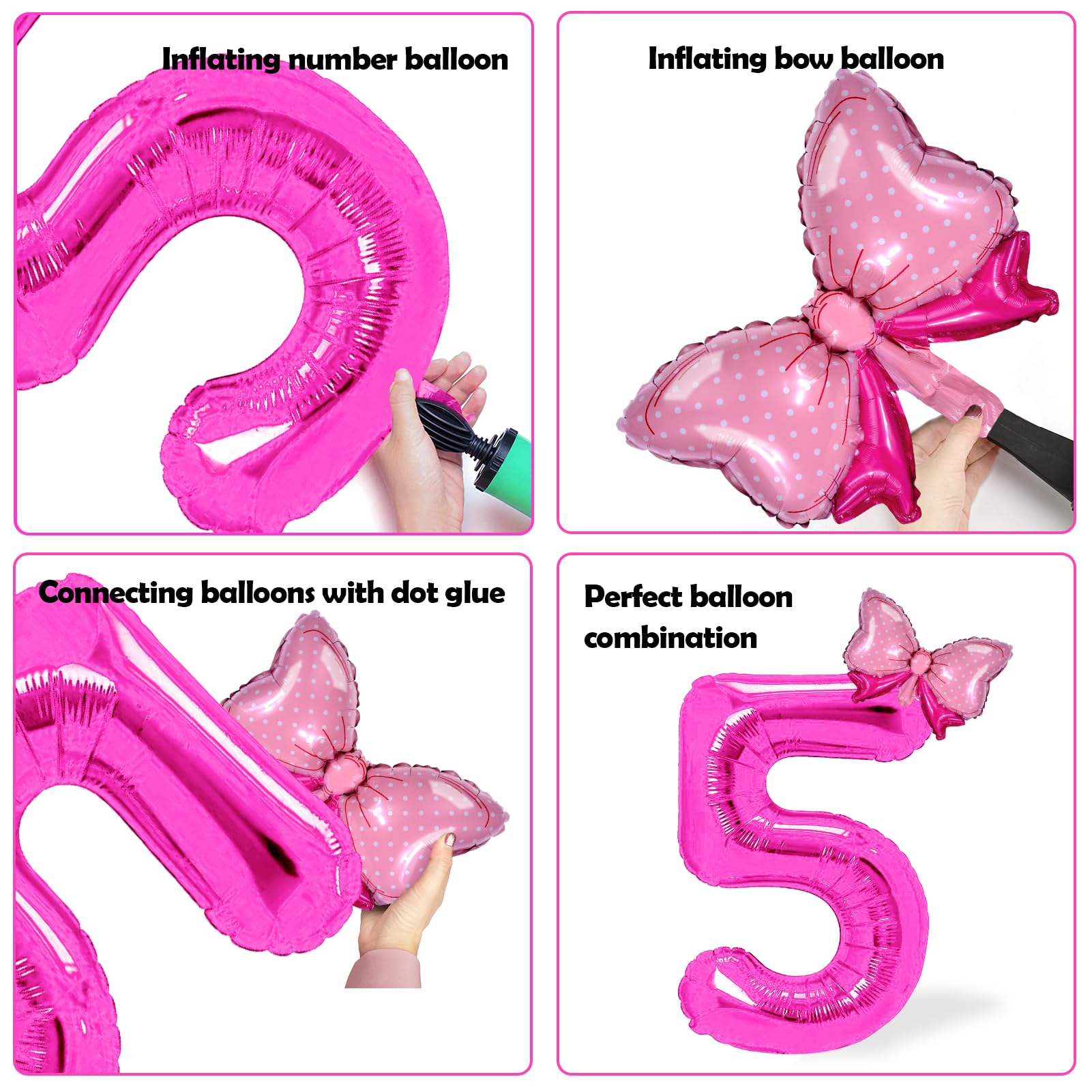 Cadeya Bow Number 5 Birthday Balloons, 40”Hot Pink Aluminum Foil Balloons for Girl 5th Birthday Party, Kids Theme Party Decoration Supplies