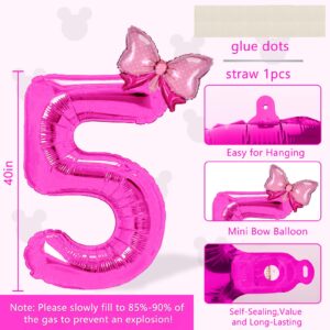 Cadeya Bow Number 5 Birthday Balloons, 40”Hot Pink Aluminum Foil Balloons for Girl 5th Birthday Party, Kids Theme Party Decoration Supplies