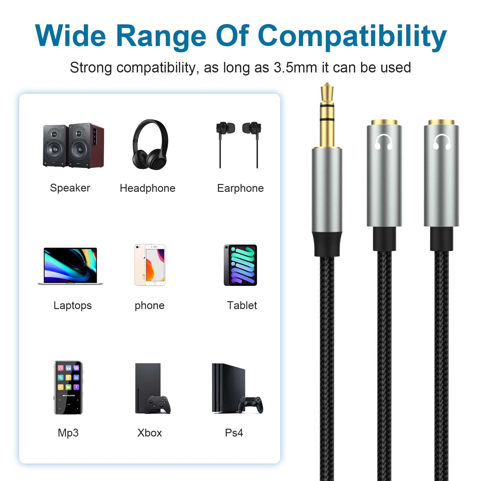 Toxaoii 3.5mm Headphone Jack Splitter Cord, 3.5mm Male to 2 Female Extension Cable Headphone Jack Adapter, 3.5mm Stereo Audio Y Splitter Cable Compatible with Phone, smartphone, laptop, Xbox, PS4