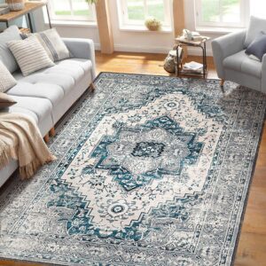 royhome washable area rug 5x7, vintage boho living room rug non-slip nursery rug for bedroom,low-pile retro carpet print distressed entryway rug for laundry dining room office，5x7