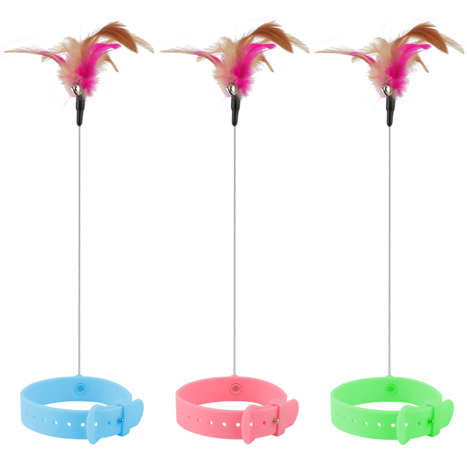 Cat Collar Toy, 3 Pcs Cat Feather Toy with Neck Collar, Interactive Self Playing Toys with Bell for Indoor Kittens Small Animals(Pink/Blue/Green)