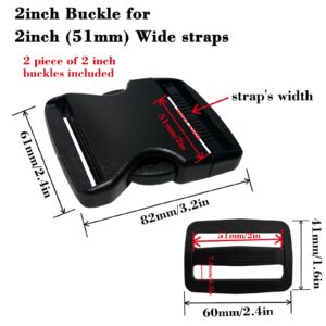 2" Buckles for Straps Quick Side Release Plastic Buckle Clip 2 pcs + Tri-Glide Slide 2 pcs Fit 2 inch Wide Nylon Strap Webbing Belt, Heavy Duty Dual Adjustable No Sew, Backpack Parachute Replacement