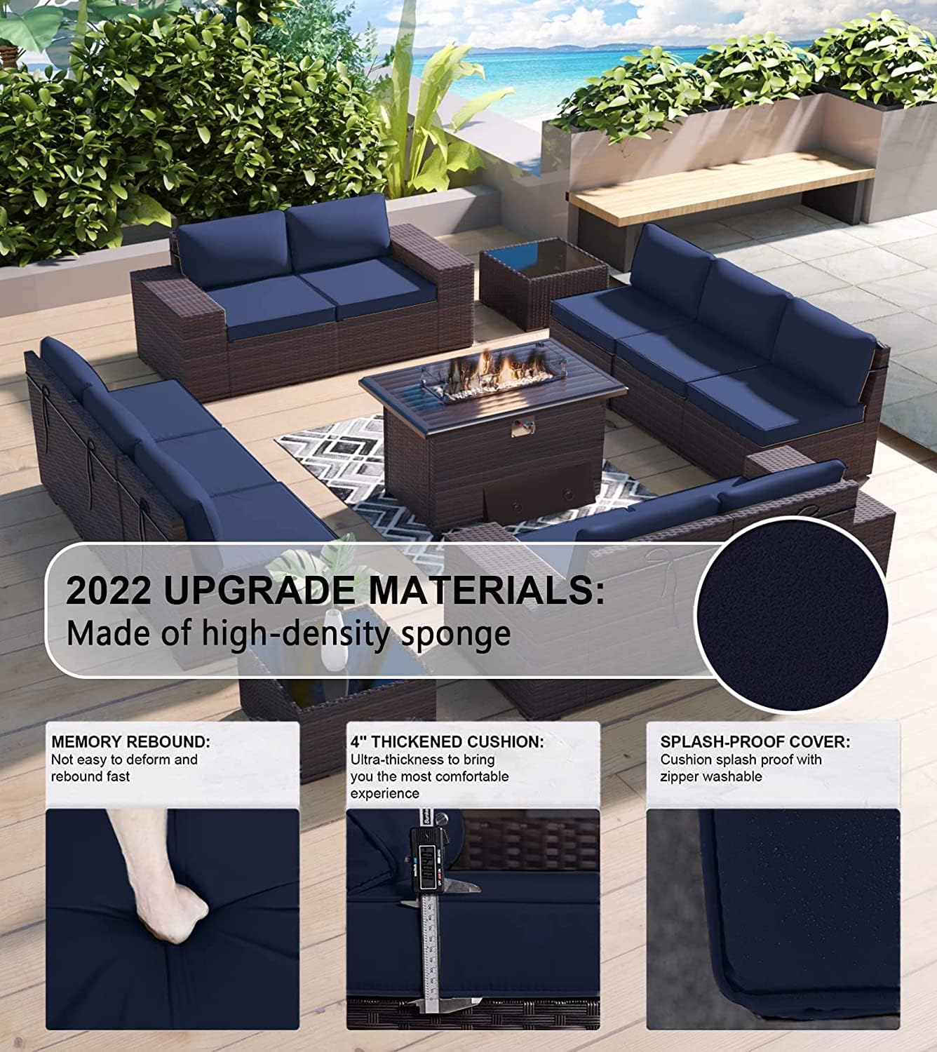 Kullavik 13 Pieces Outdoor Patio Furniture Set with 43" 55000BTU Gas Propane Fire Pit Table PE Wicker Rattan Sectional Sofa Patio Conversation Sets,Navy blue