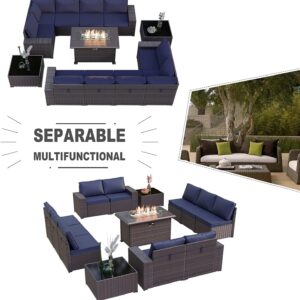 Kullavik 13 Pieces Outdoor Patio Furniture Set with 43" 55000BTU Gas Propane Fire Pit Table PE Wicker Rattan Sectional Sofa Patio Conversation Sets,Navy blue