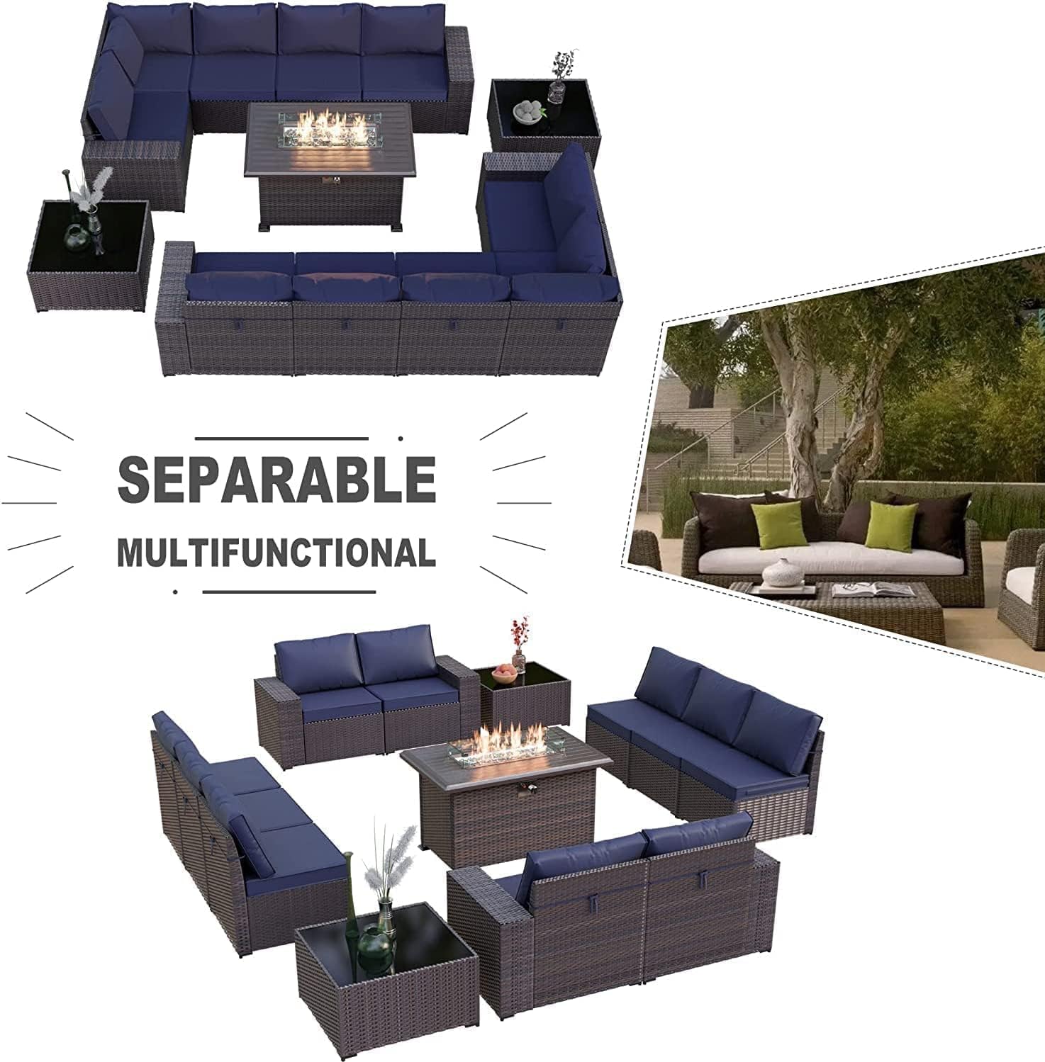 Kullavik 13 Pieces Outdoor Patio Furniture Set with 43" 55000BTU Gas Propane Fire Pit Table PE Wicker Rattan Sectional Sofa Patio Conversation Sets,Navy blue