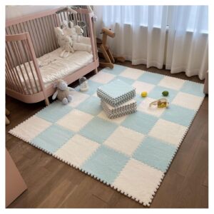 16 pcs interlocking carpet square tiles with border, plush puzzle play mats, thick fluffy foam floor mats for playoom area rug - 12" x 12"(color:light blue+beige)