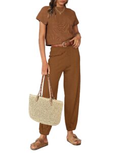 merokeety women two piece outfits sweater sets knit pullover tops high waist pants lounge set tracksuit, pecan, small