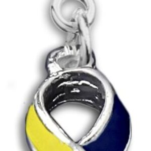 Down Syndrome Awareness Ribbon Yellow and Blue Clip On Charm for Bridal Bouquet, Bracelets, Necklaces, Keychains, Purses, Zippers and More