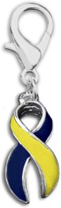 down syndrome awareness ribbon yellow and blue clip on charm for bridal bouquet, bracelets, necklaces, keychains, purses, zippers and more