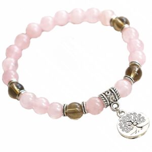 heart healing bracelet with charm natural semi-precious stone beads rose quartz + smoky quartz tree of life handmade bracelet usa handmade