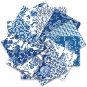 Whaline 12Pcs Blue Chinoiserie Cotton Fabric Bundles 18 x 22 Inch White Blue China Fat Quarters Oriental Quilting Patchwork Squares Sewing Fabrics for DIY Handmade Craft Party Decor