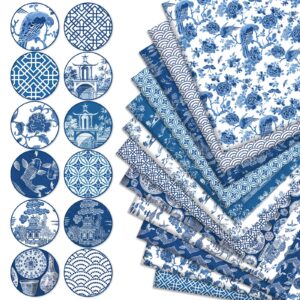 Whaline 12Pcs Blue Chinoiserie Cotton Fabric Bundles 18 x 22 Inch White Blue China Fat Quarters Oriental Quilting Patchwork Squares Sewing Fabrics for DIY Handmade Craft Party Decor