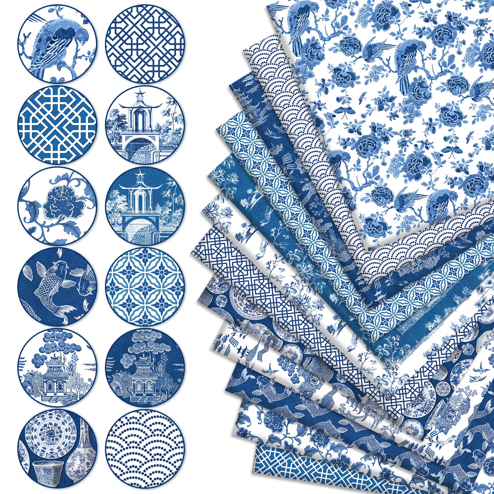 Whaline 12Pcs Blue Chinoiserie Cotton Fabric Bundles 18 x 22 Inch White Blue China Fat Quarters Oriental Quilting Patchwork Squares Sewing Fabrics for DIY Handmade Craft Party Decor