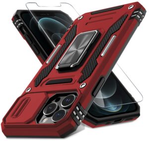 deerlamn for iphone 13 pro max case with slide camera cover+screen protector(1 pack),rotated ring kickstand military grade shockproof protective cover 6.7 inch-red