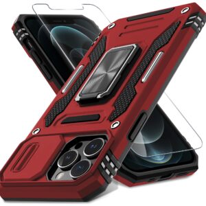 DEERLAMN for iPhone 13 Pro Max Case with Slide Camera Cover+Screen Protector(1 Pack),Rotated Ring Kickstand Military Grade Shockproof Protective Cover 6.7 Inch-Red