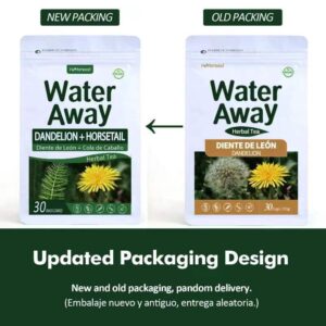 Herbmood Water Away Tea Bags for Edema Relief, Te de Diente de Leon y Cola de Caballo, Diuretico Natural para Desinflamar Retencion de Liquidos y Inflamacion, Horsetail for Lymphatic Drainage. 30 bags