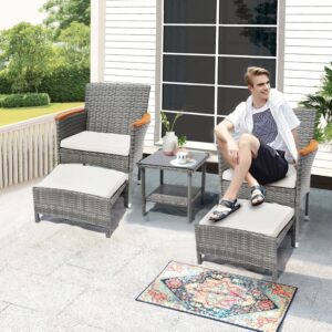 5 Piece Outdoor Patio Furniture Set with Table&Ottoman Outdoor Furniture Patio Set Bistro Wicker Patio Set of 2 Outside Lawn Chairs Conversation Sets for Porch Balcony Deck(Gray Wicker&Beige Cushion)