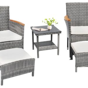 5 Piece Outdoor Patio Furniture Set with Table&Ottoman Outdoor Furniture Patio Set Bistro Wicker Patio Set of 2 Outside Lawn Chairs Conversation Sets for Porch Balcony Deck(Gray Wicker&Beige Cushion)