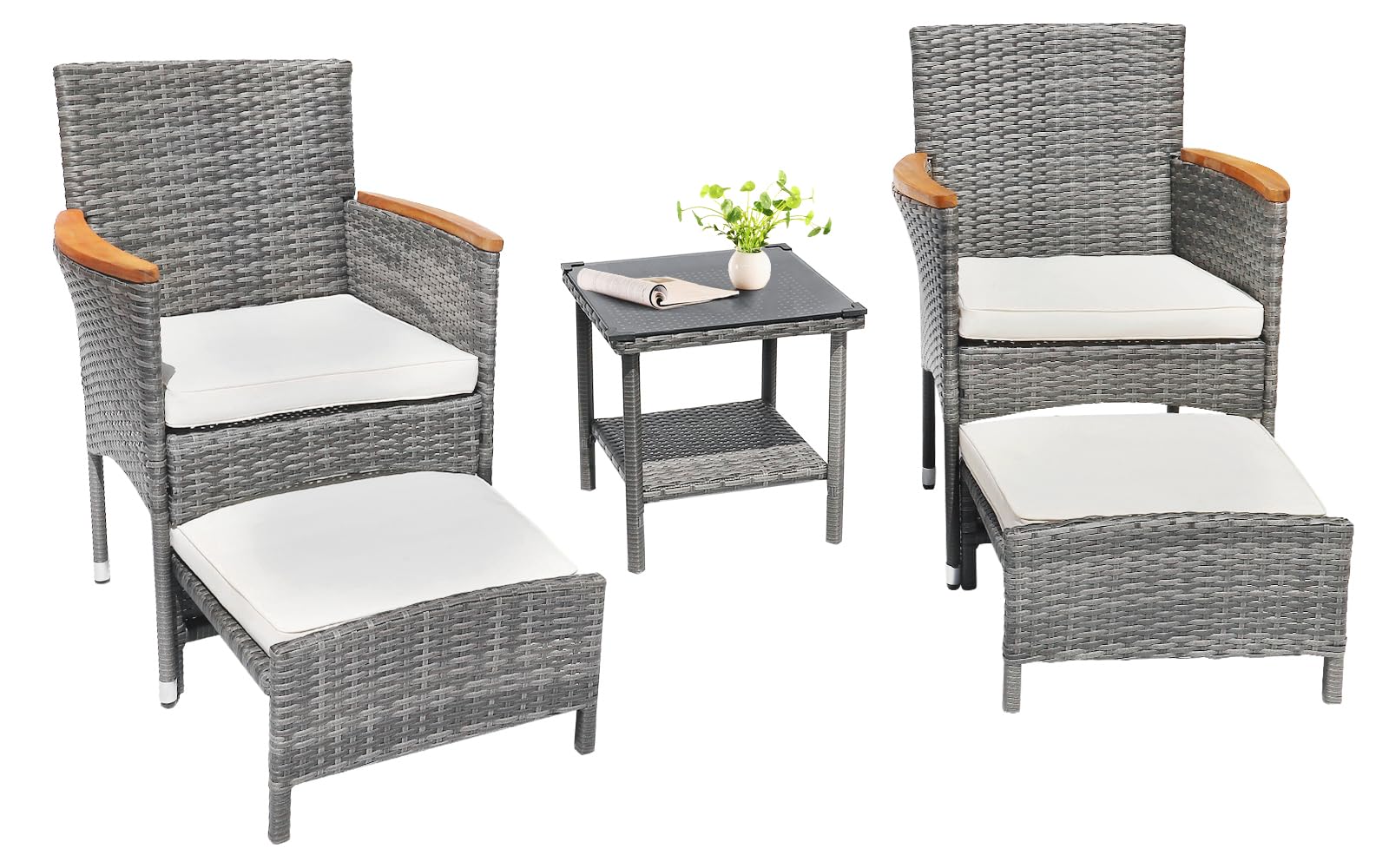 5 Piece Outdoor Patio Furniture Set with Table&Ottoman Outdoor Furniture Patio Set Bistro Wicker Patio Set of 2 Outside Lawn Chairs Conversation Sets for Porch Balcony Deck(Gray Wicker&Beige Cushion)