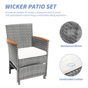 5 Piece Outdoor Patio Furniture Set with Table&Ottoman Outdoor Furniture Patio Set Bistro Wicker Patio Set of 2 Outside Lawn Chairs Conversation Sets for Porch Balcony Deck(Gray Wicker&Beige Cushion)