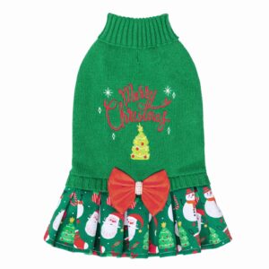 cutebone christmas green dog sweater dress turtleneck puppy sweater with bowtie harness hole pullover winter dress for medium large dogs