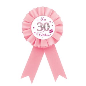 happy 30th birthday tinplate badge pin, 30 & fabulous birthday button pin, happy birthday pink rosette badge pin for women, brooch buttons for 30th birthday party, tinplate, rosette