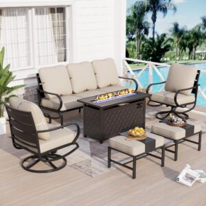 sophia & william patio furniture sets for 7 with 45" gas fire pit table outdoor conversation sets 6 pcs, 2 x swivel cushioned sofa chairs, 1x3-seat sofa, 2xottomans for backyard poolside beige