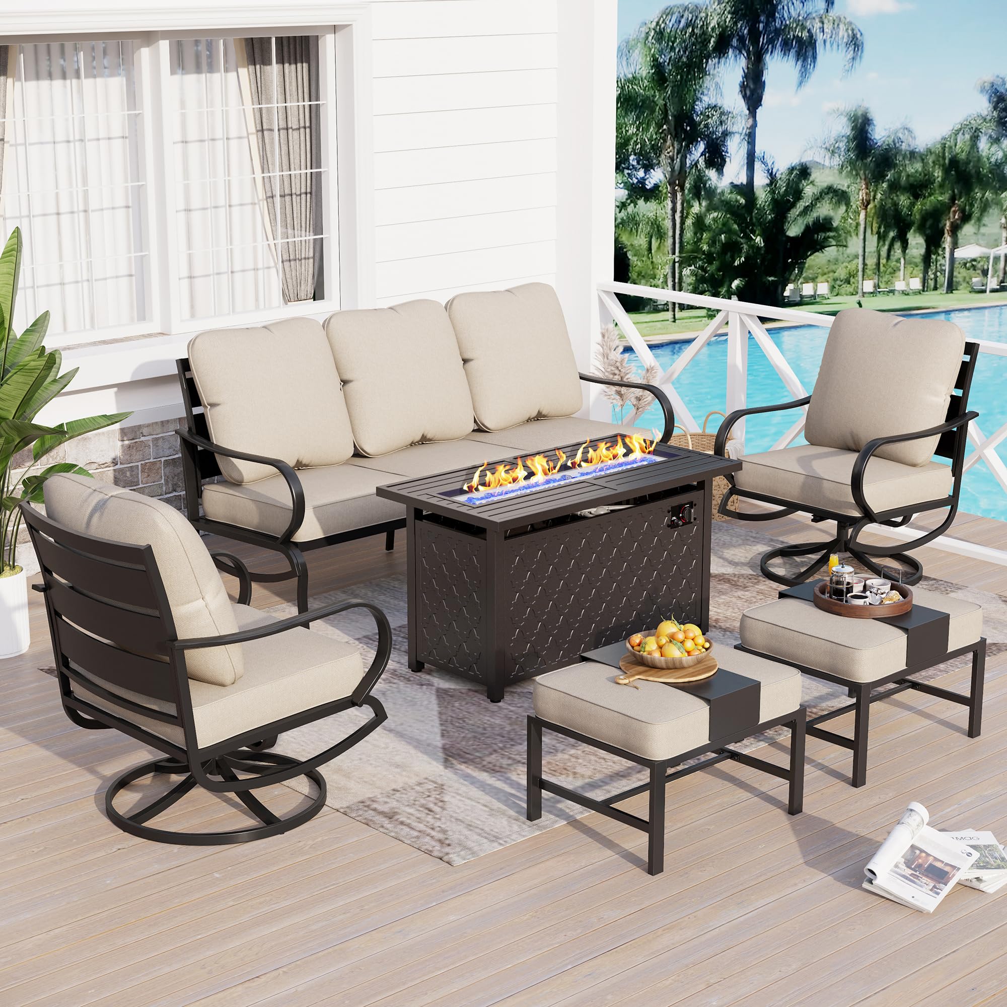 Sophia & William Patio Furniture Sets for 7 with 45" Gas Fire Pit Table Outdoor Conversation Sets 6 Pcs, 2 x Swivel Cushioned Sofa Chairs, 1x3-Seat Sofa, 2xOttomans for Backyard Poolside Beige