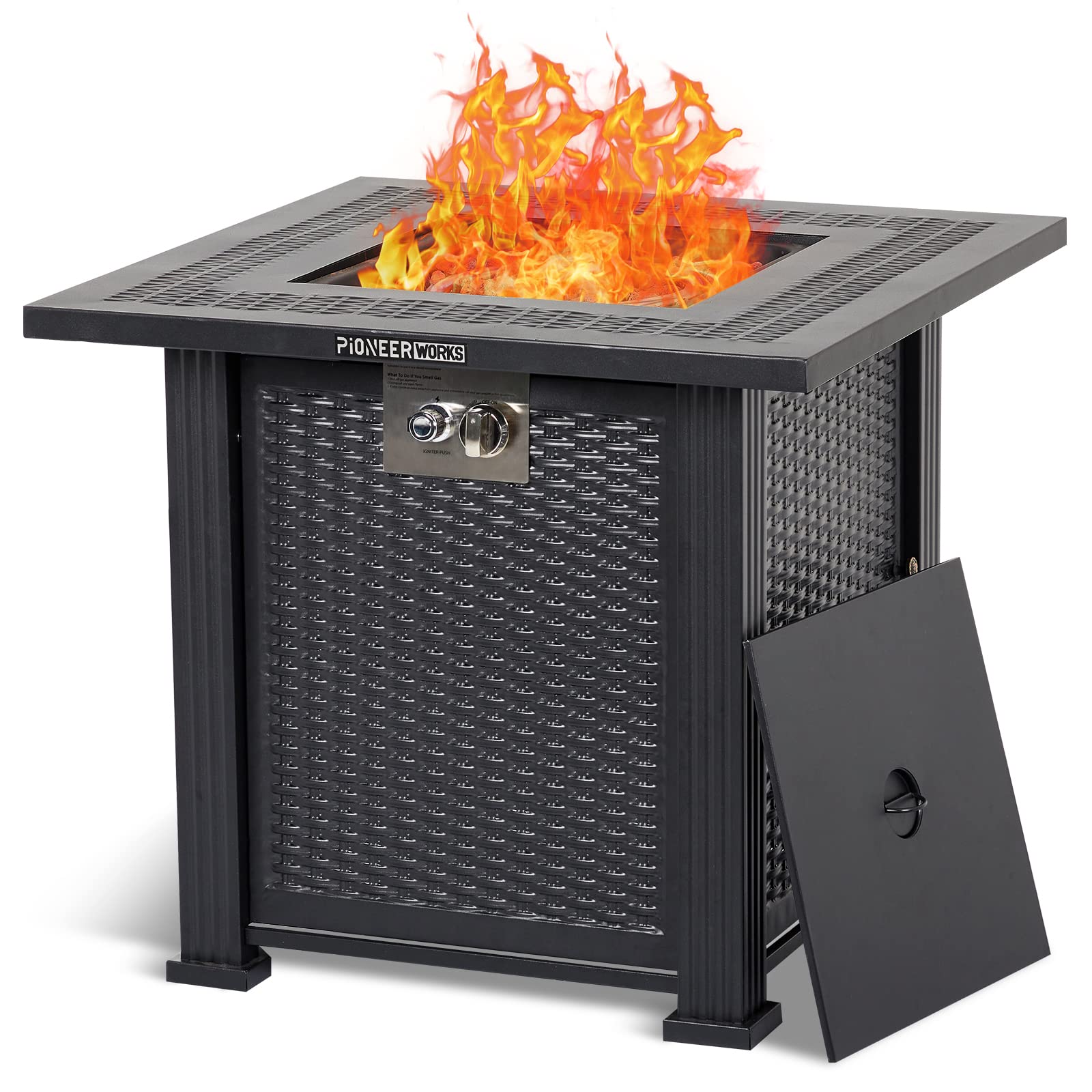 PioneerWorks Propane Fire Pit Table 28 Inch, 50000BTU Rectangle Fire Table with Cover, Sturdy Steel and Iron Fence Surface, CSA Safety Certified, Companion for Your Garden