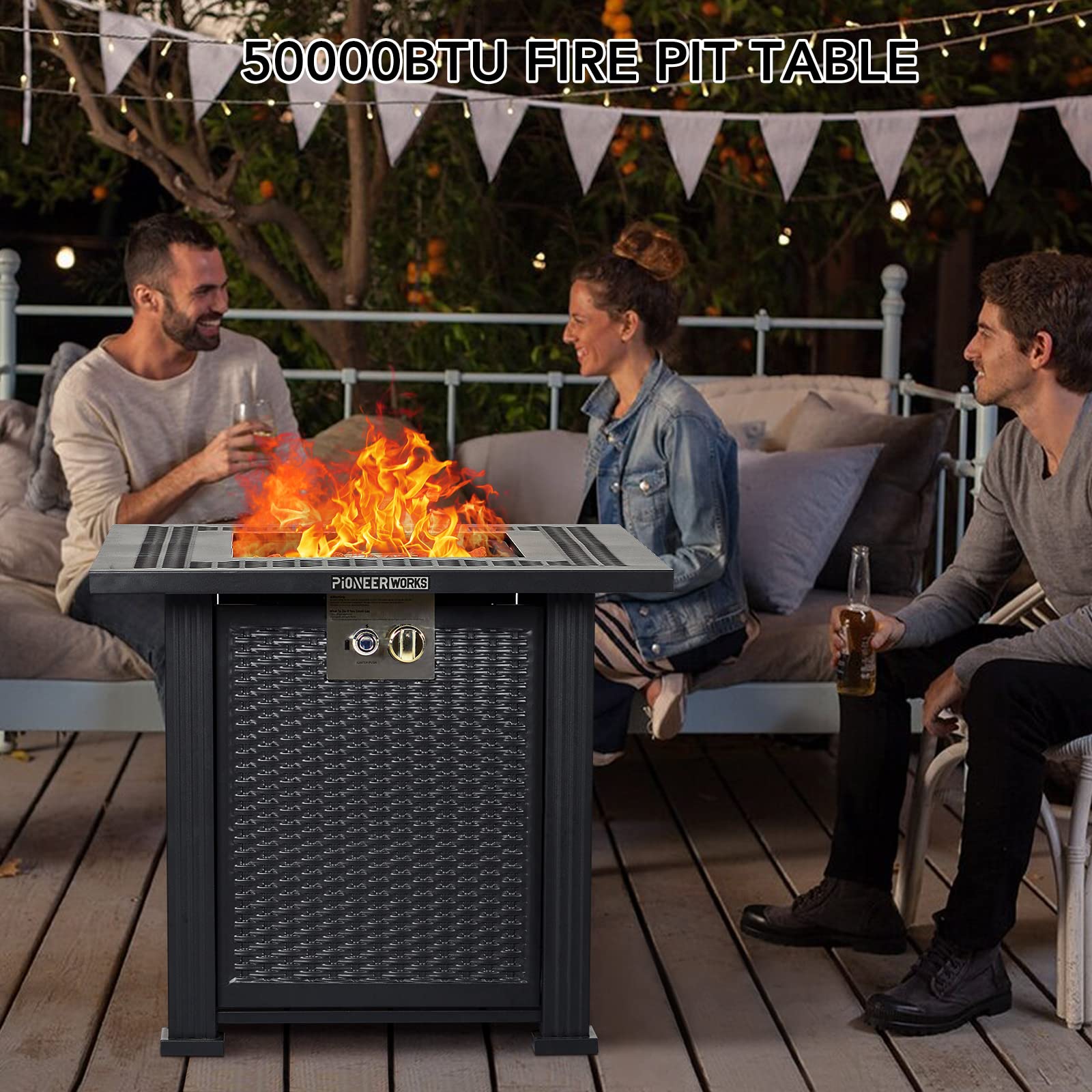 PioneerWorks Propane Fire Pit Table 28 Inch, 50000BTU Rectangle Fire Table with Cover, Sturdy Steel and Iron Fence Surface, CSA Safety Certified, Companion for Your Garden