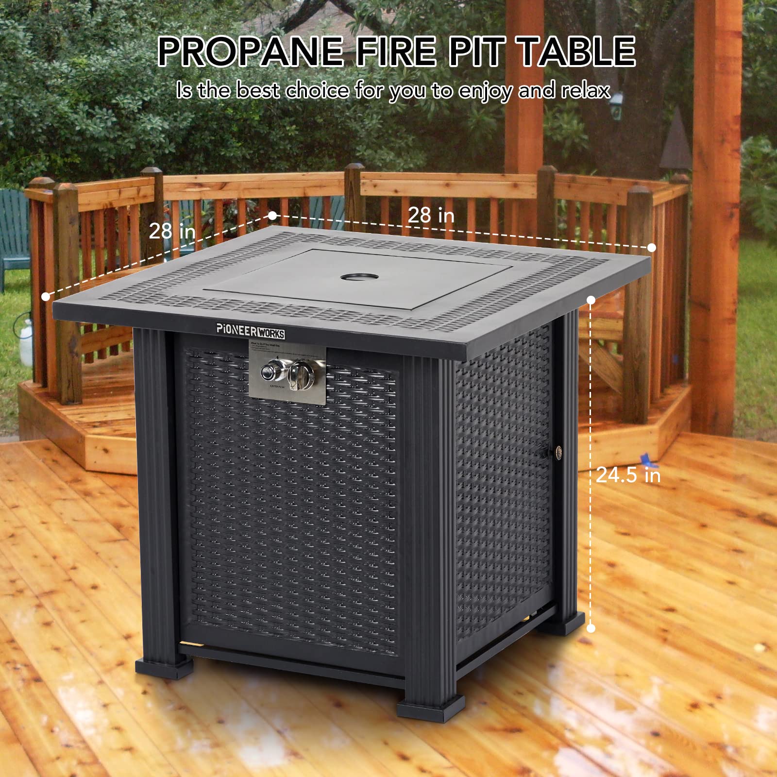 PioneerWorks Propane Fire Pit Table 28 Inch, 50000BTU Rectangle Fire Table with Cover, Sturdy Steel and Iron Fence Surface, CSA Safety Certified, Companion for Your Garden