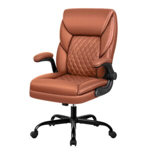 bestera office chair, executive leather chair home office desk chairs, ergonomic computer desk chair with adjustable flip-up arms, lumber support swivel task chair with rocking function (brown)