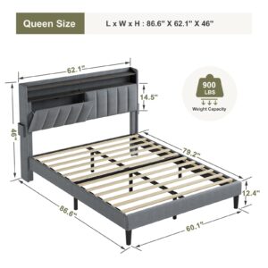 queen bed frame with storage headboard & footboard upholstered platform bed with led lights usb ports & outlets strong wood slats support no box spring needed