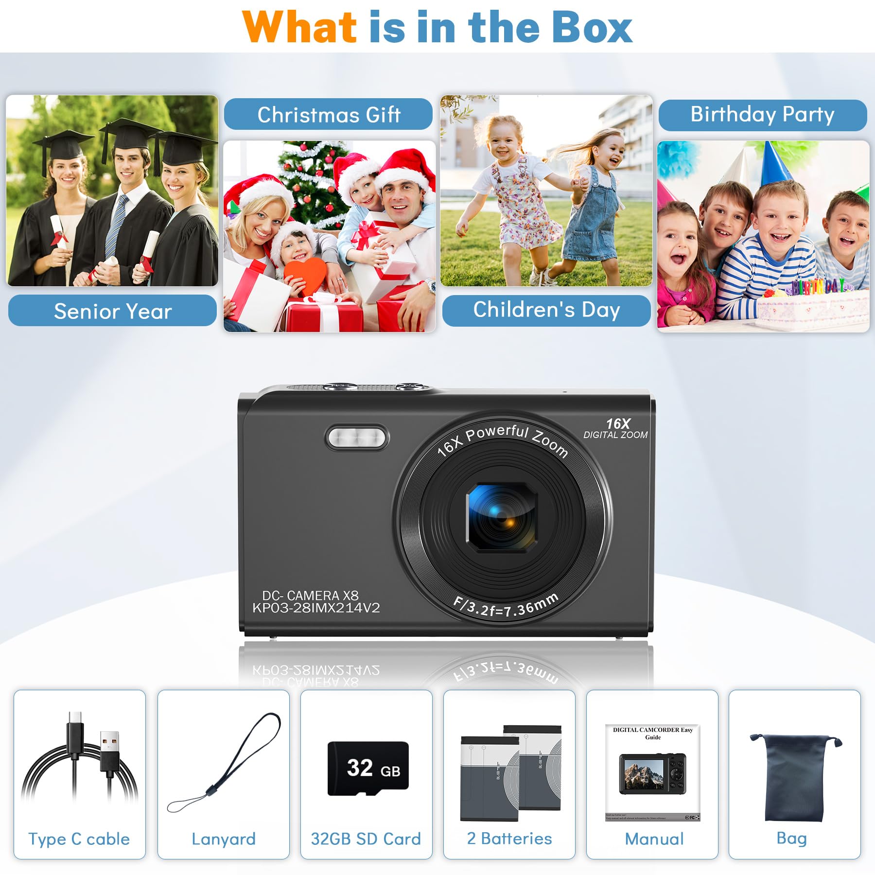 Digital Camera, Saneen 4K WiFi Kids Cameras for Photography, Compact Camera with 32GB Card, 16X Digital Zoom, 2.8" Big Screen, 2 Rechargeable Batteries, 4K 2.7K 1080P & 64MP 48MP 30MP-Black