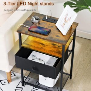 LOAKEKEL Night Stand Set 2, LED Nightstand with Charging Station, End Tables with Fabric Drawer for Small Spaces, Bedside Table with Storage Shelf for Bedroom, Brown, HETS01BR