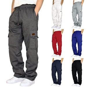 Men's Heavyweight Fleece Cargo Sweatpants Stretch Elastic Waist Jogger Sport Pants Drawstring Sports Trousers Mens Sweats Black