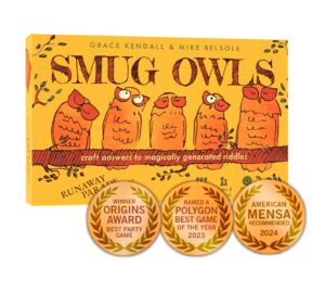 smug owls card game - a hilarious & creative riddle-solving party game for kids and adults | fun for the whole family | 8+ | 15-20 min | 3-15 players