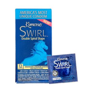 kimono swirl condoms - double-helix twisting shape, condom innovation, extreme sensations, more comfort, lubricated, with reservoir tip, natural latex condoms, vegan, no latex odor (pack of 12)